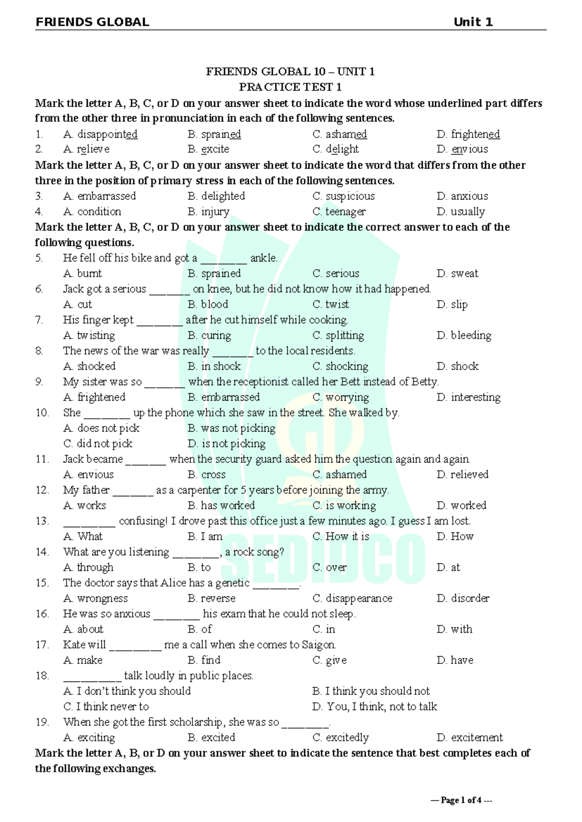 Tieng Anh 10 FRIENDS GLOBAL - Unit 1 Practice Test 1 - Studocu
