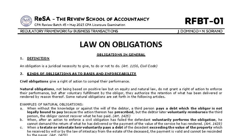 ReSA CPA Review Batch 45: Summary of Law on Obligations and Contracts ...