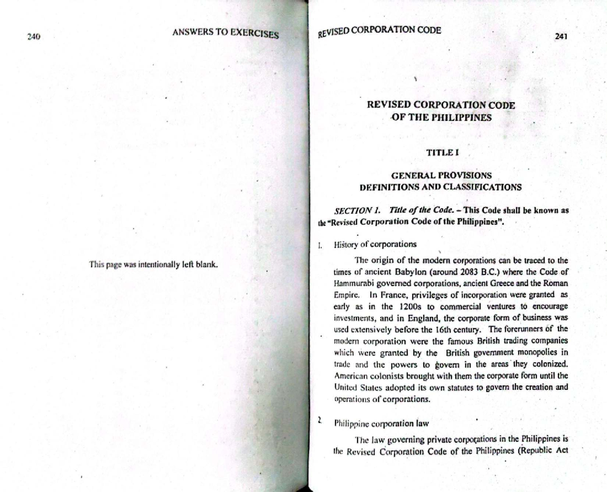 Revised Corporation Code-Soriano-Title 1 - ANSWERS TO EXERCISES REVISED ...