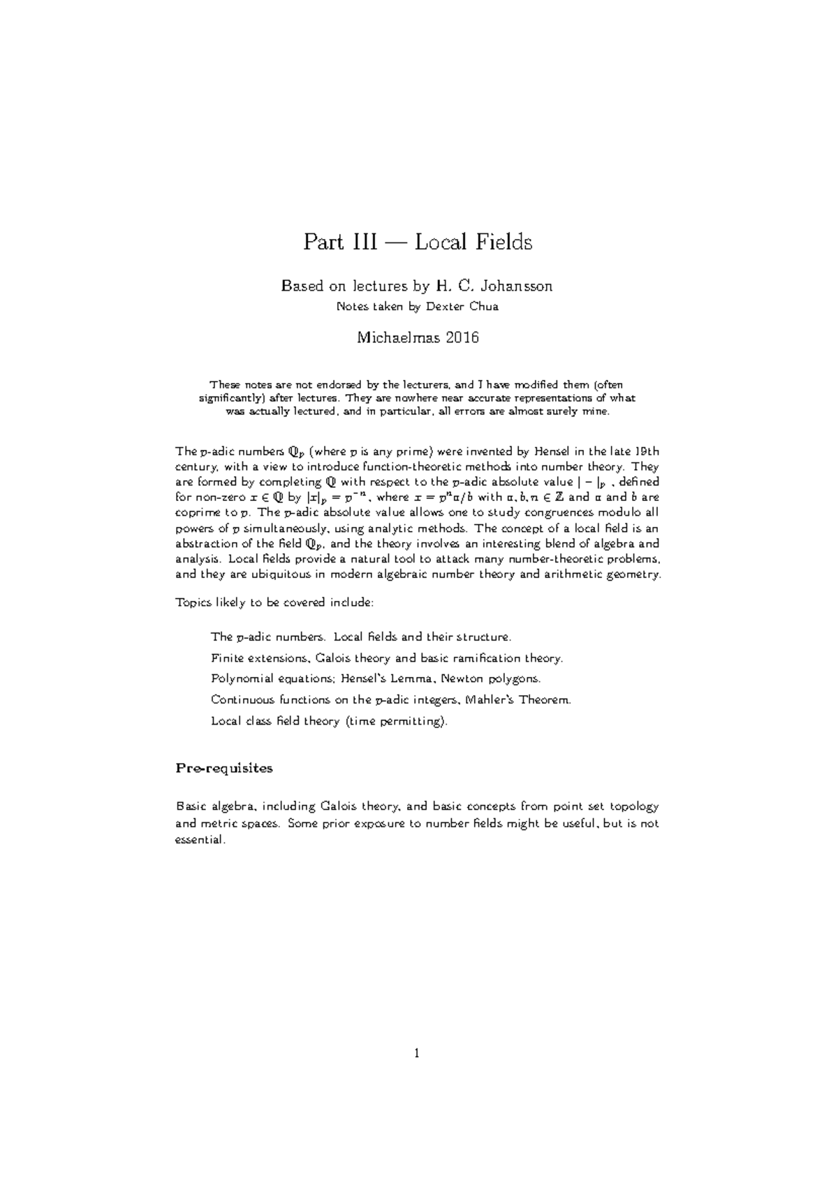 Local Fields Course Notes for 2016-2017: A Comprehensive Overview - Studocu
