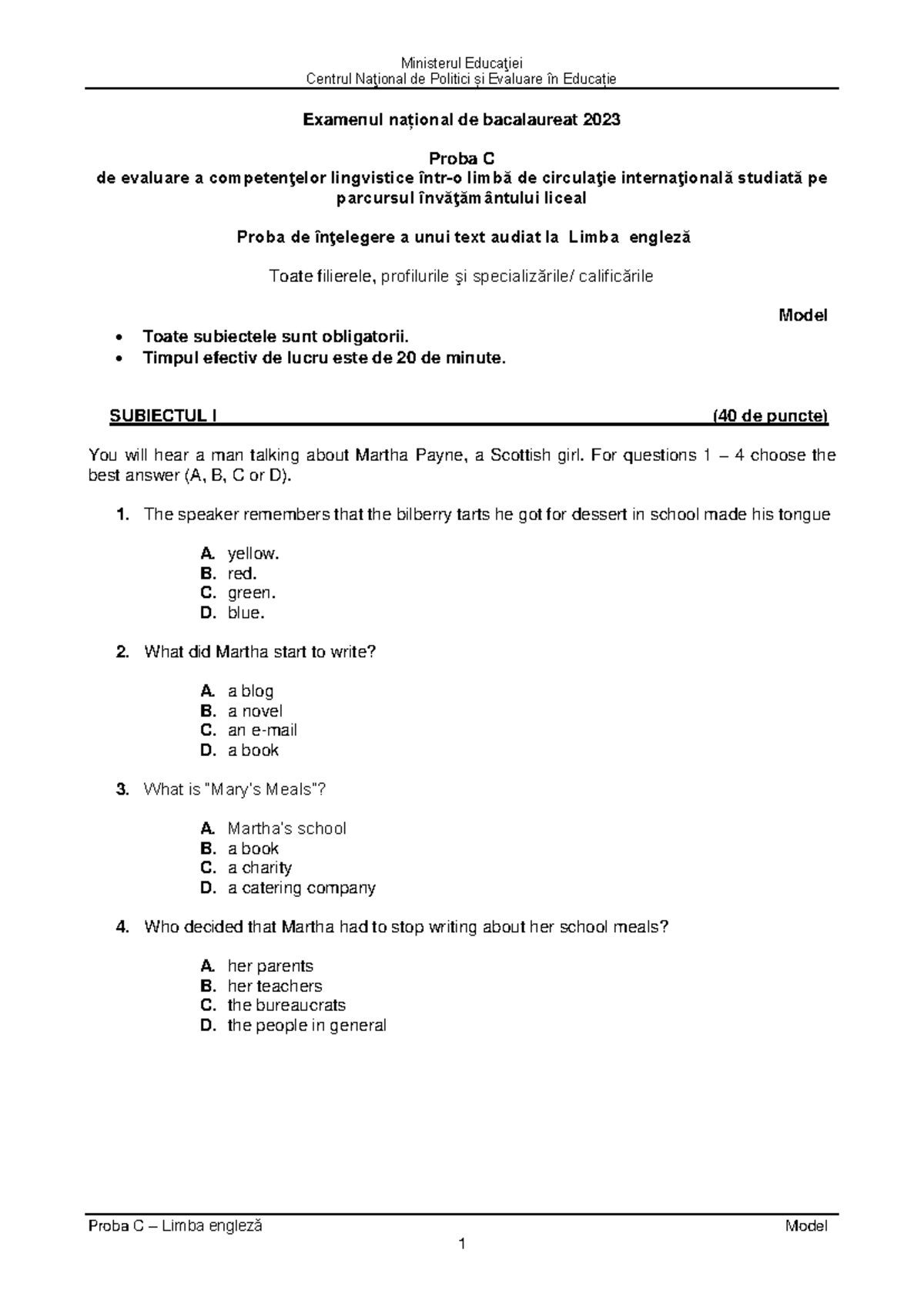 Proba C - Limba engleză Model pentru Bacalaureat 2023 - Studocu