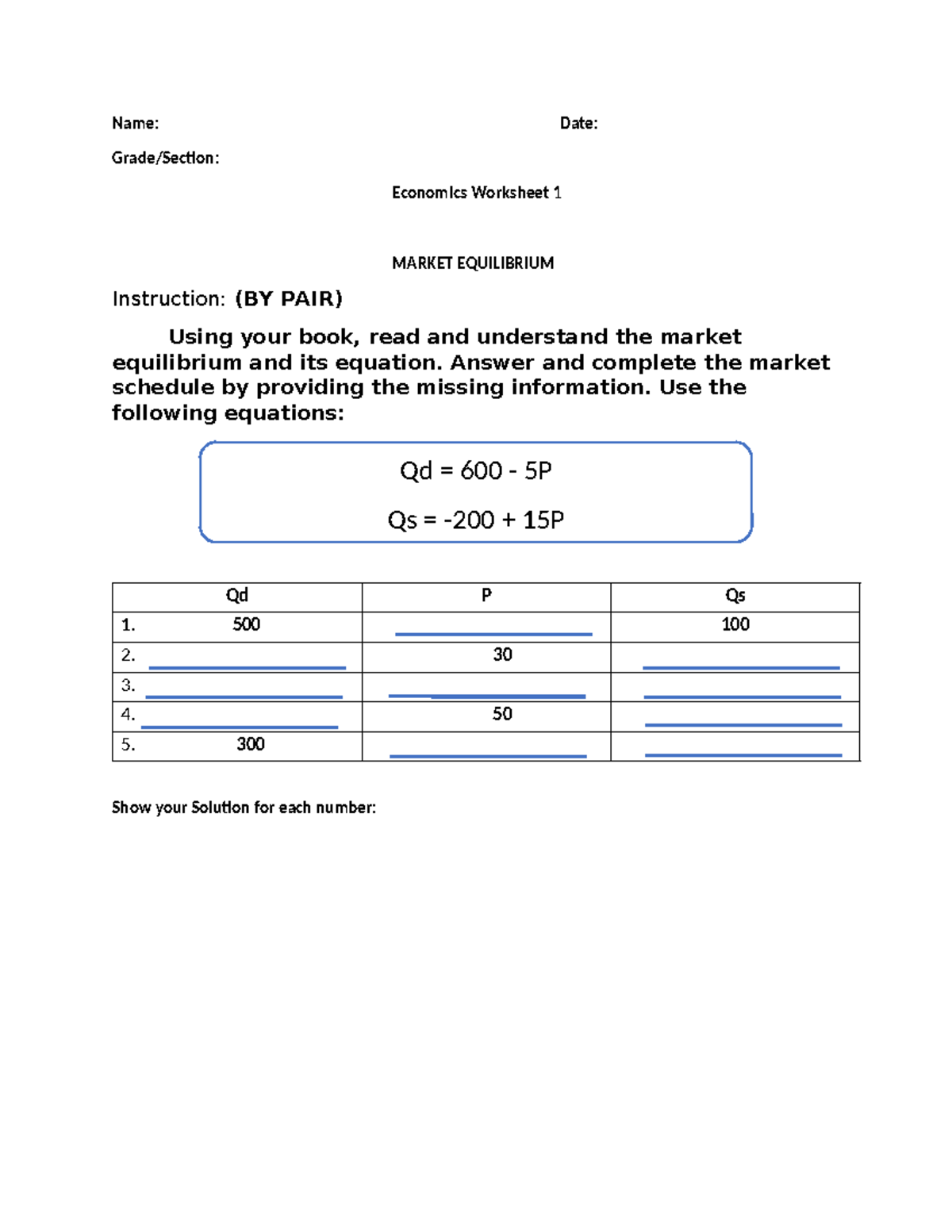 SS9 Market Equilibrium Worksheet 1 - Social studies - Name: Date: Grade ...