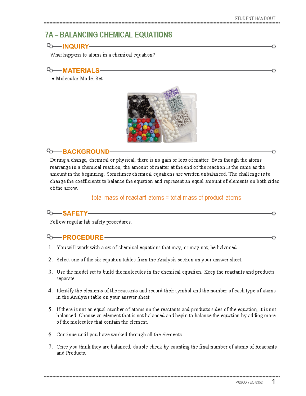 7A Balancing Chemical Equations - Student Handout for EC-6352 - Studocu