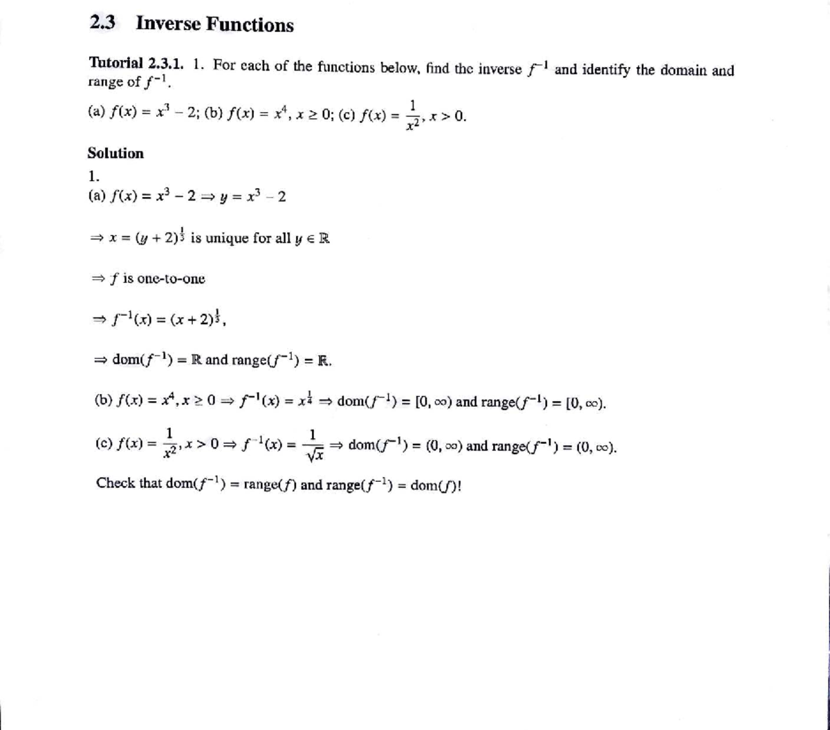 MATH1034 A Tut 2.3 Hints and Solutions - 2 Inverse Functions Tutorial2 ...