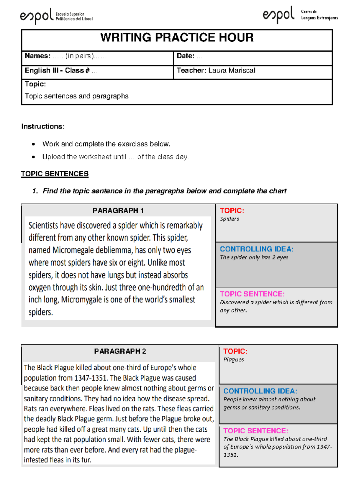 Homework 1 - Topic Sentences & Paragraphs - English III - 7U7 - Studocu