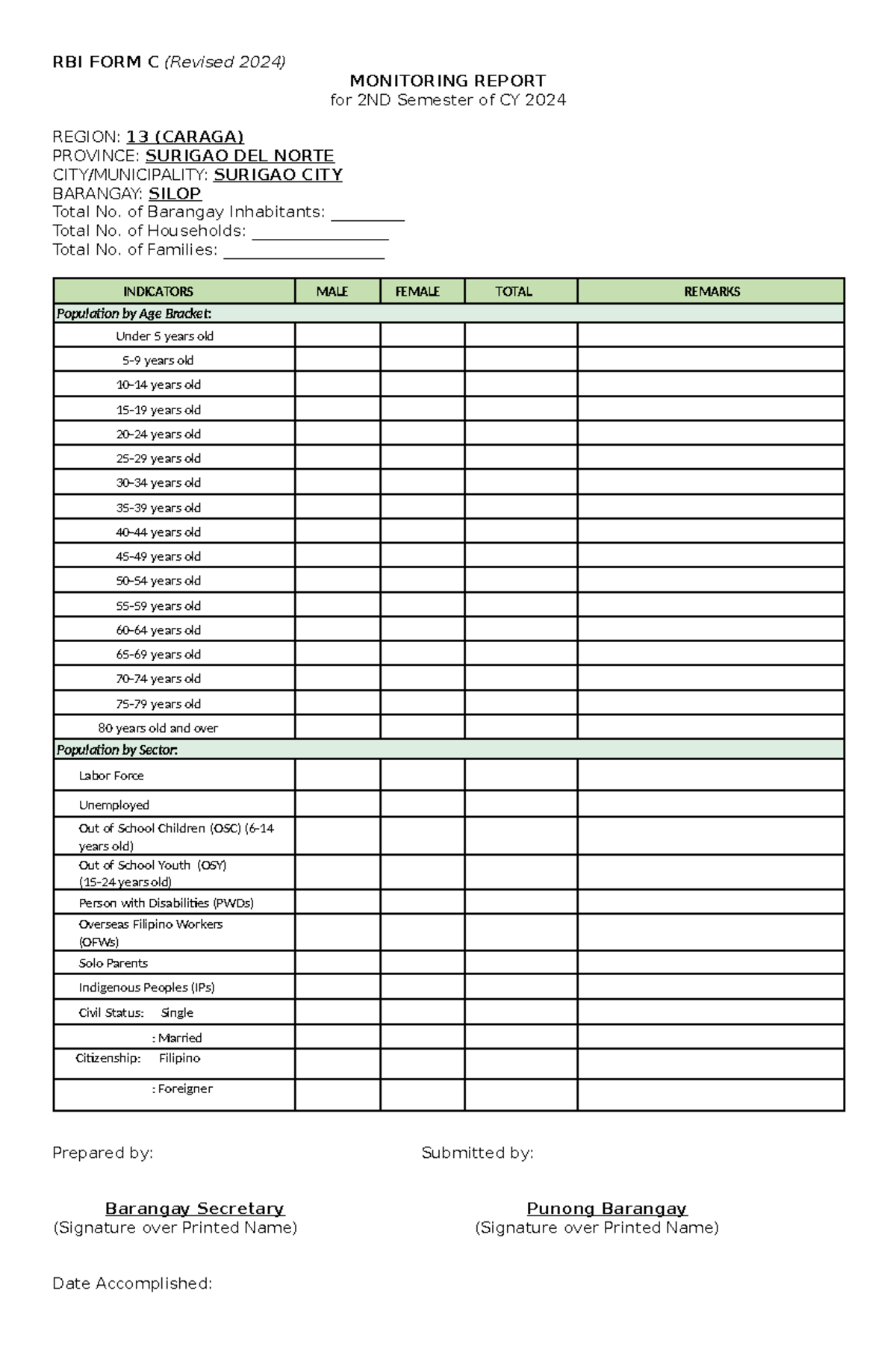 RBI FORM C Monitoring Report for 2nd Semester CY 2024 - Region 13 - Studocu