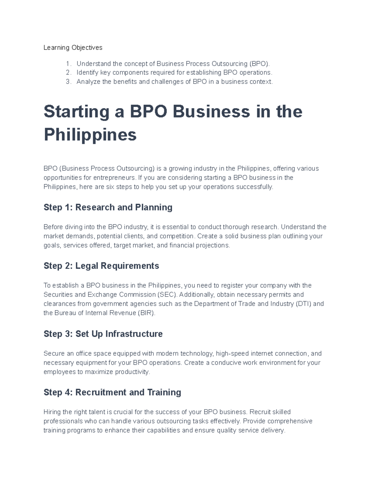 Lesson 4: Establishing a Business Process Outsourcing (BPO) in the ...