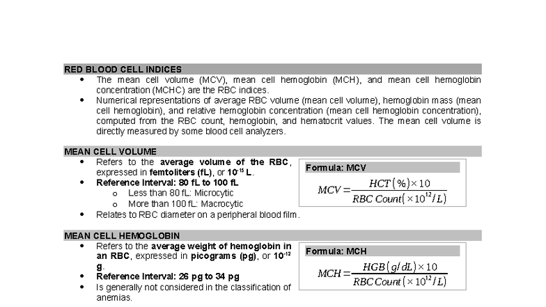RBC Indices Overview: MCV, MCH, and MCHC Explained - Studocu