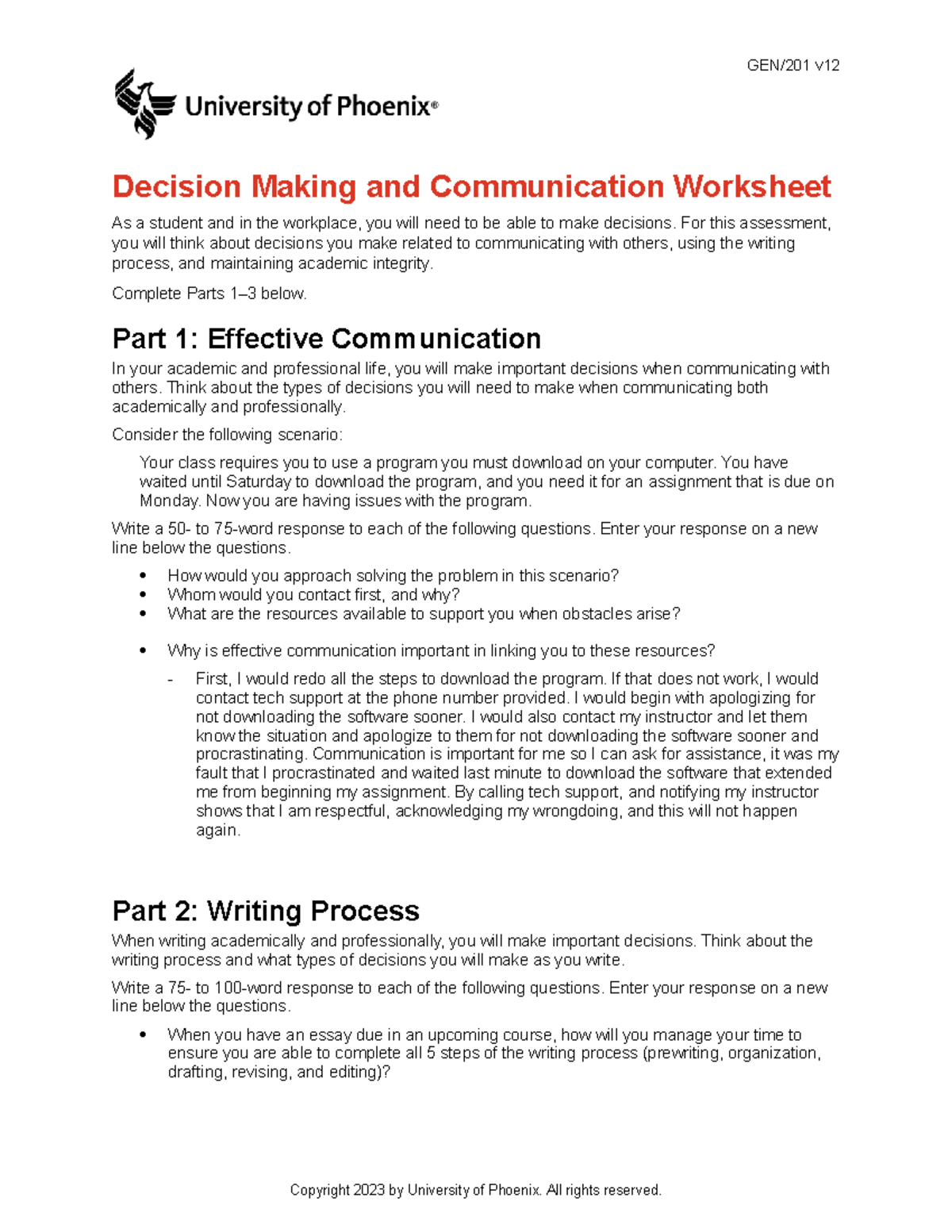 GEN wk3 decision making and communication worksheet - GEN/201 v ...