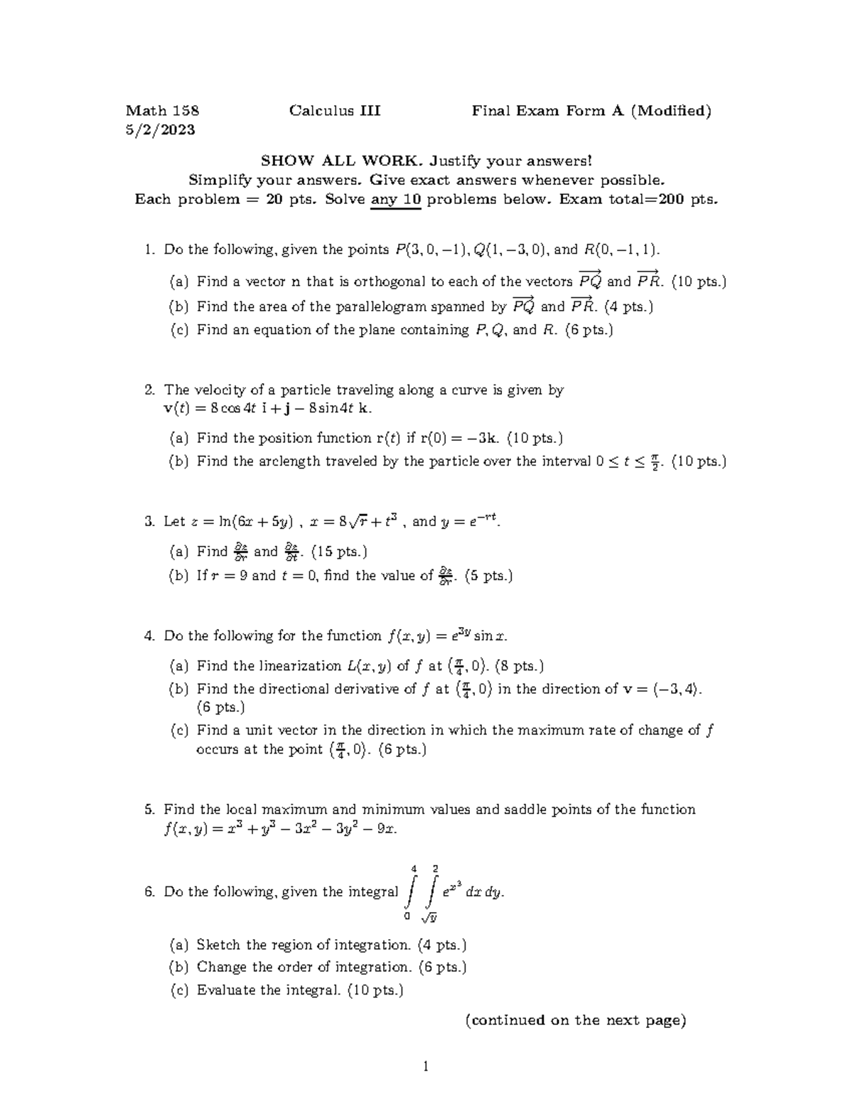 Final Exam Math 158 Calc III Form A - Spring 2023 Guide - Studocu