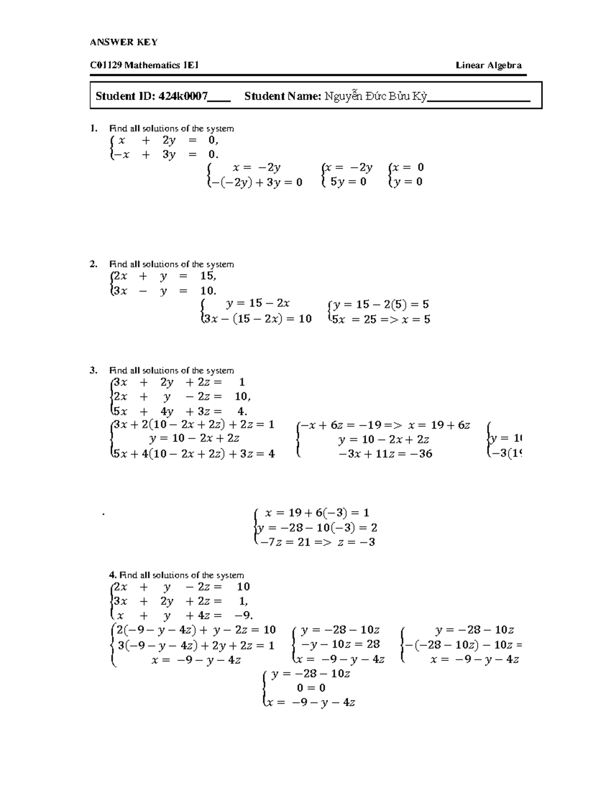 C01129 Mathematics 1E1 Linear Algebra Answer Key Solutions - Studocu
