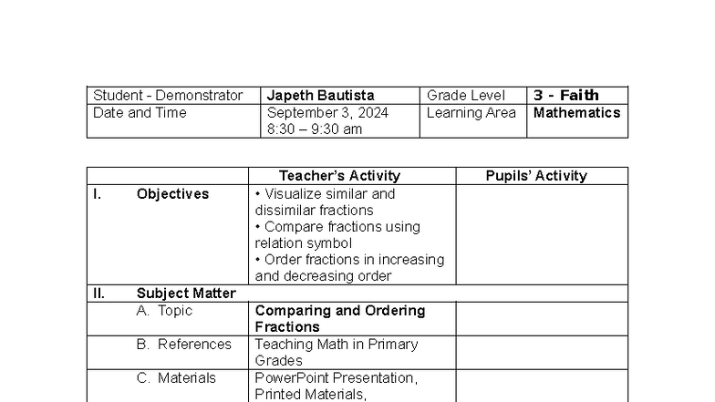 Lesson Plan 2: Comparing and Ordering Fractions (Math 101) - Studocu