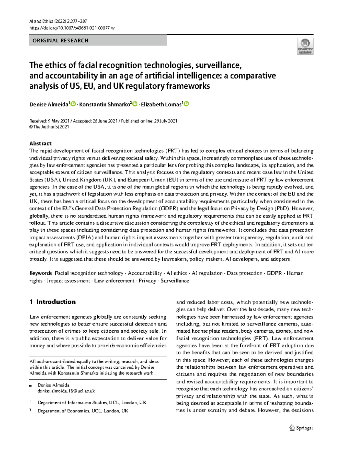 AI and Ethics (2022) - Facial Recognition Tech: Ethics & Regulation ...