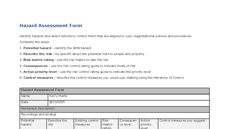 Hazard Assessment Form: Identifying and Controlling Risks - Studocu