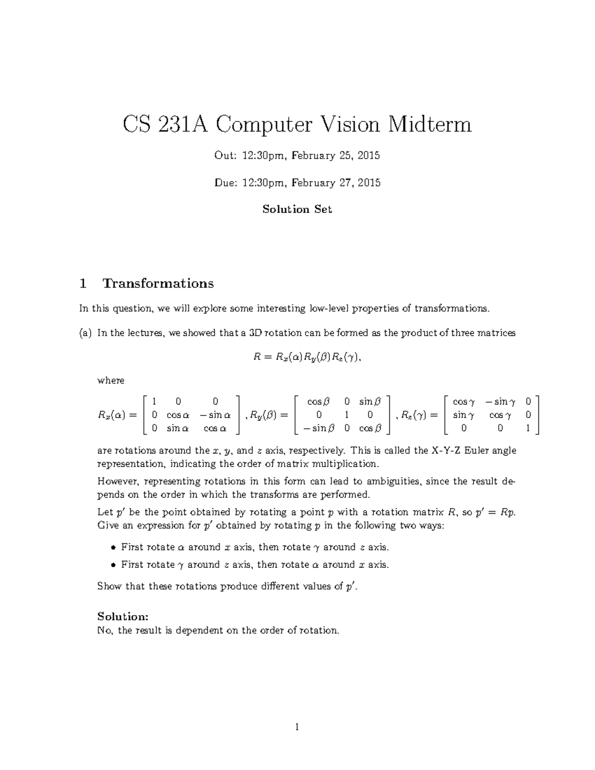 CS231A 2015 Midterm Solutions: Transformation & Vision Concepts - Studocu