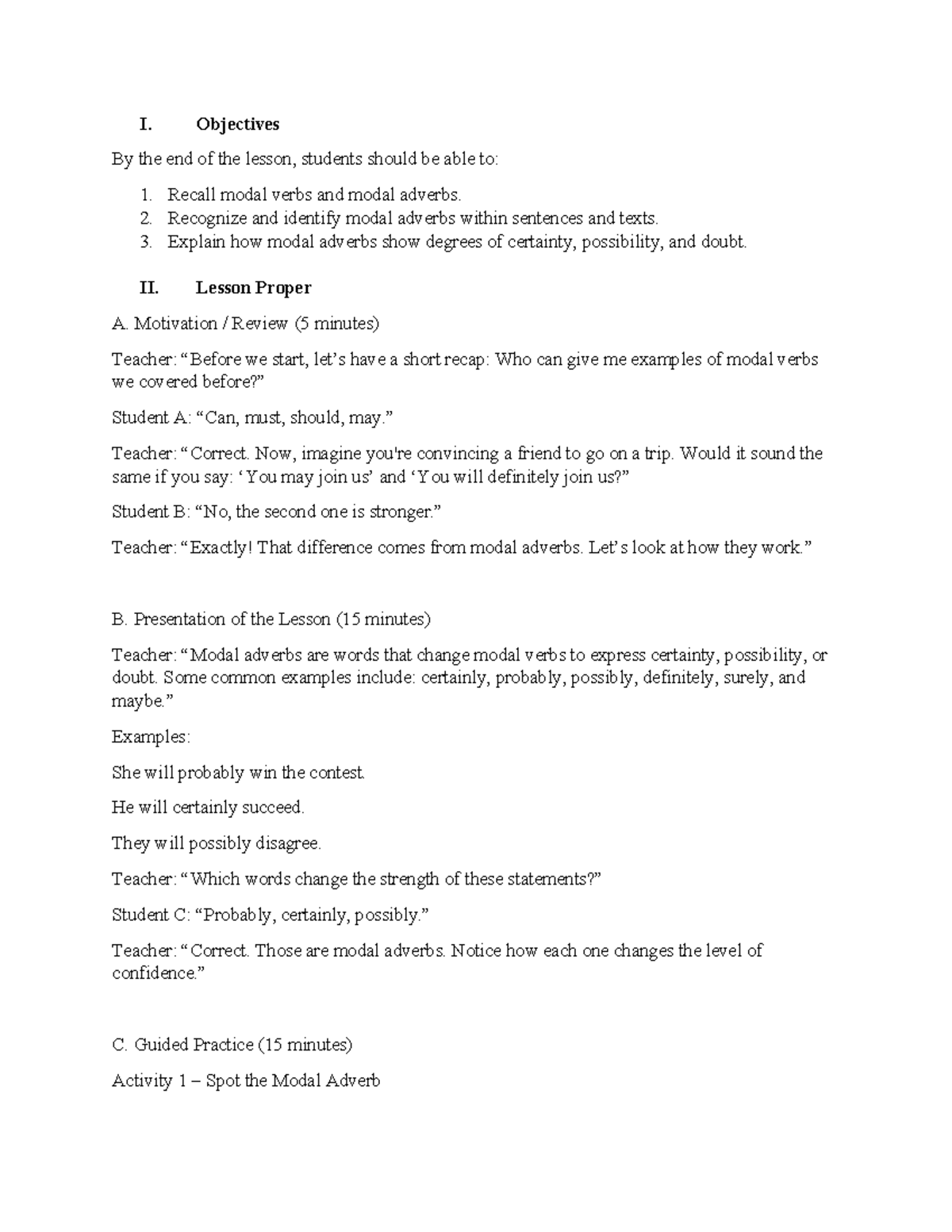 Objectives of Modal Verbs & Adverbs Lesson (ENG 101) - Studocu