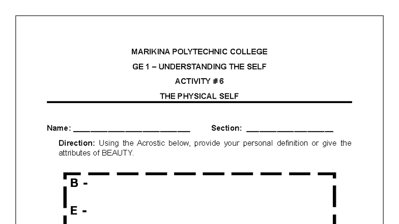 Act 6 UTS CHapt 6 Physical Self - MARIKINA POLYTECHNIC COLLEGE GE 1 ...