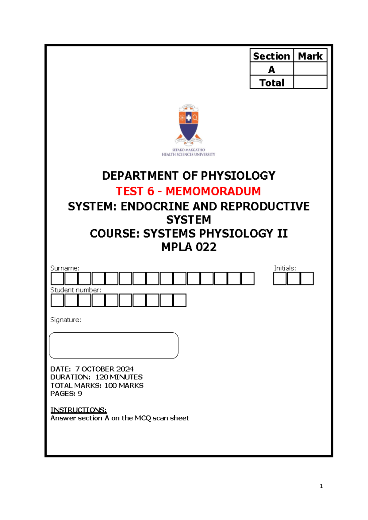 Test 6 Memo: Endocrine & Reproductive Systems - Systems Physiology II ...