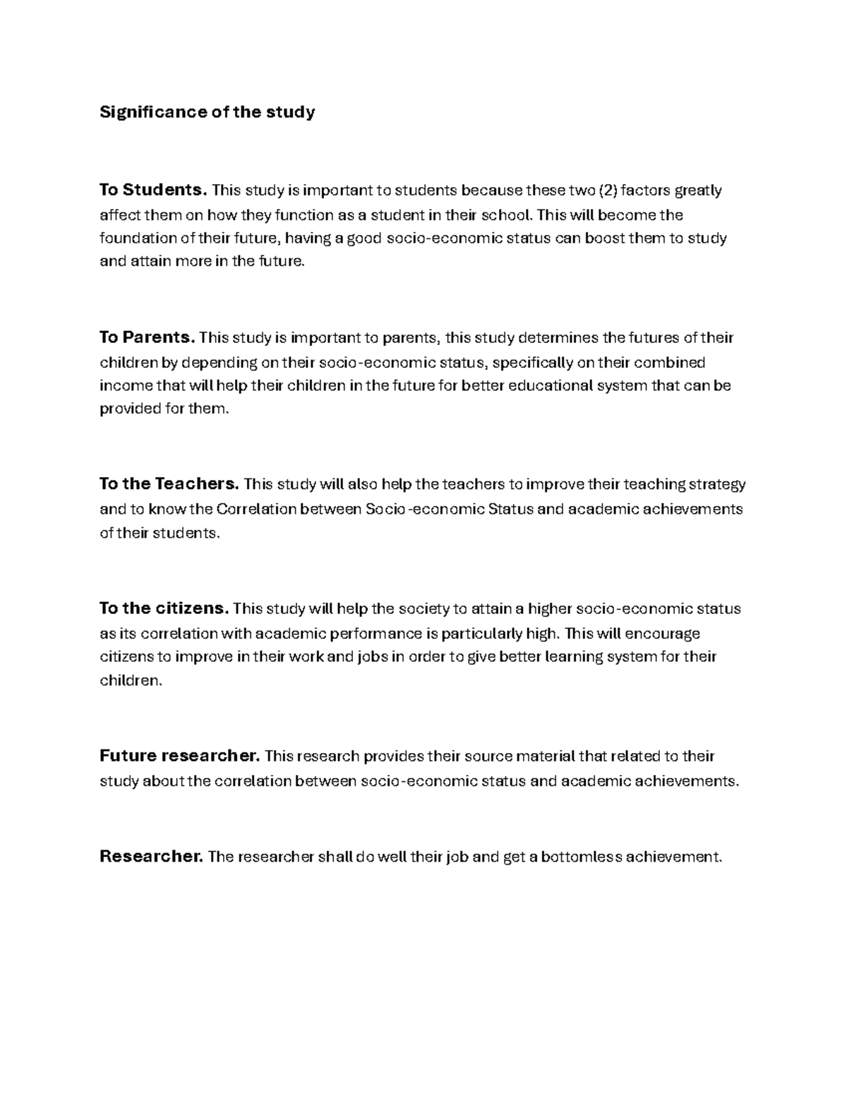 Significance of the study - This study is important to students because ...