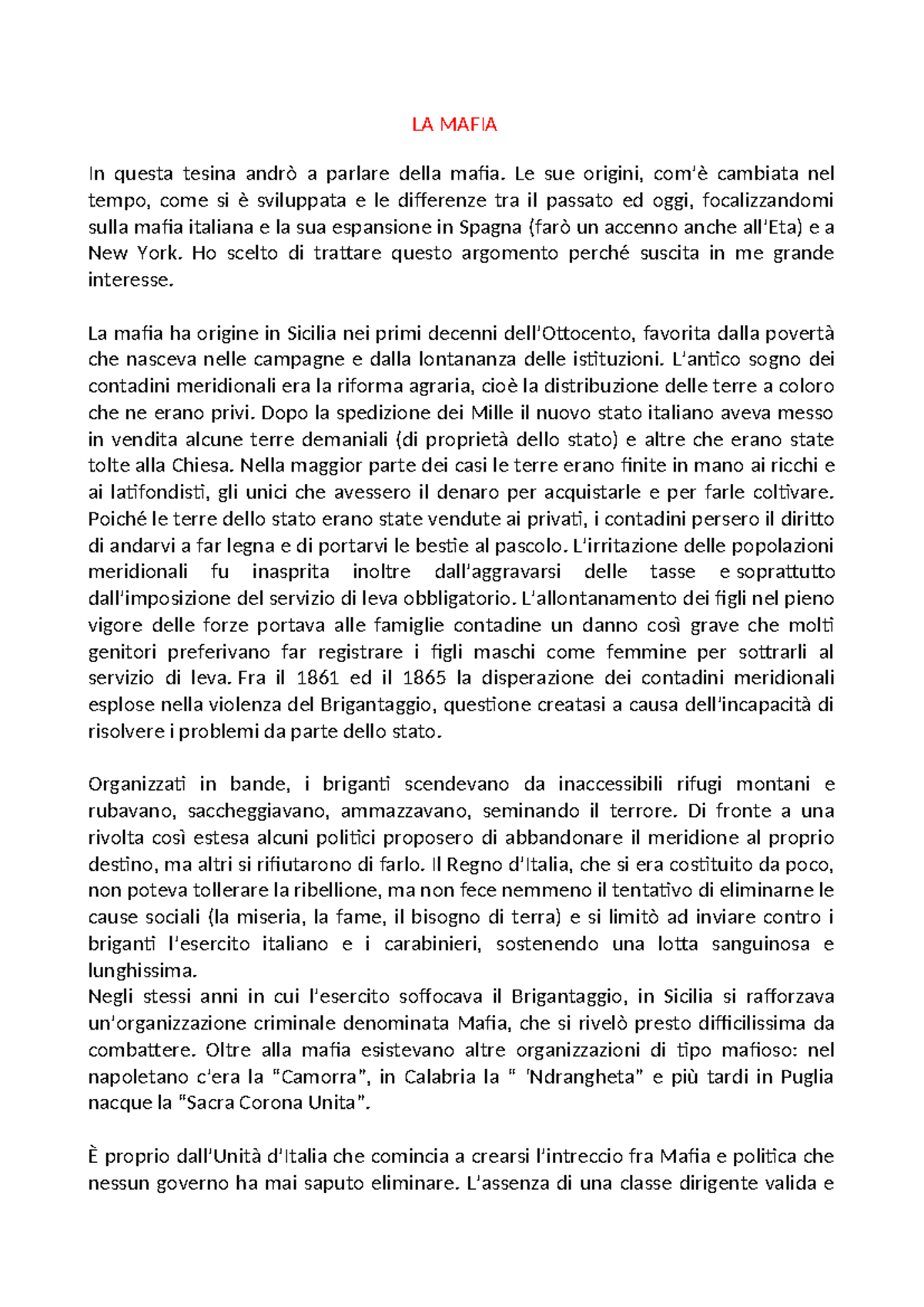 LA MAFIA: Origini, Evoluzione e Impatti Socio-Culturali - Studocu