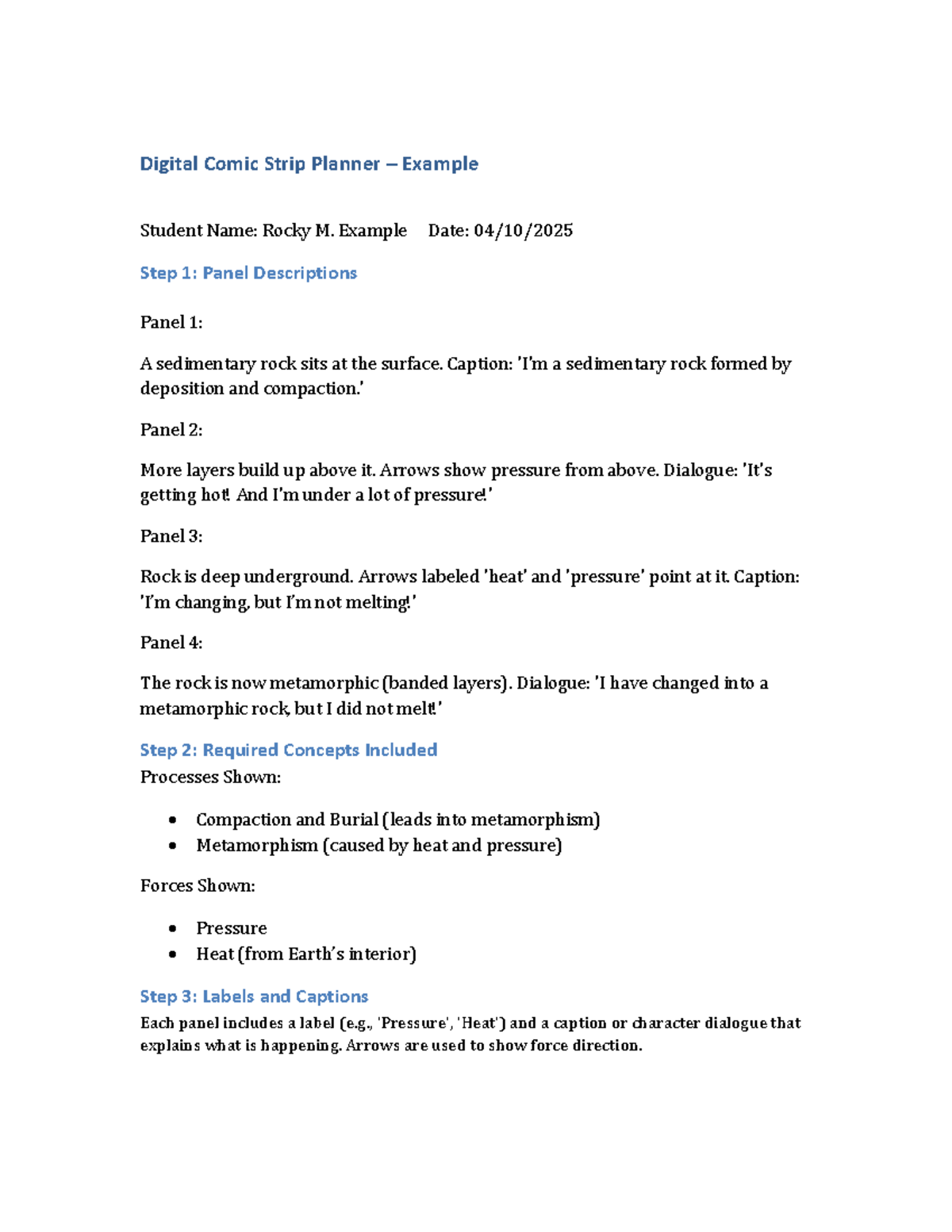Digital Comic Strip Planner Example: Sedimentary to Metamorphic - Studocu