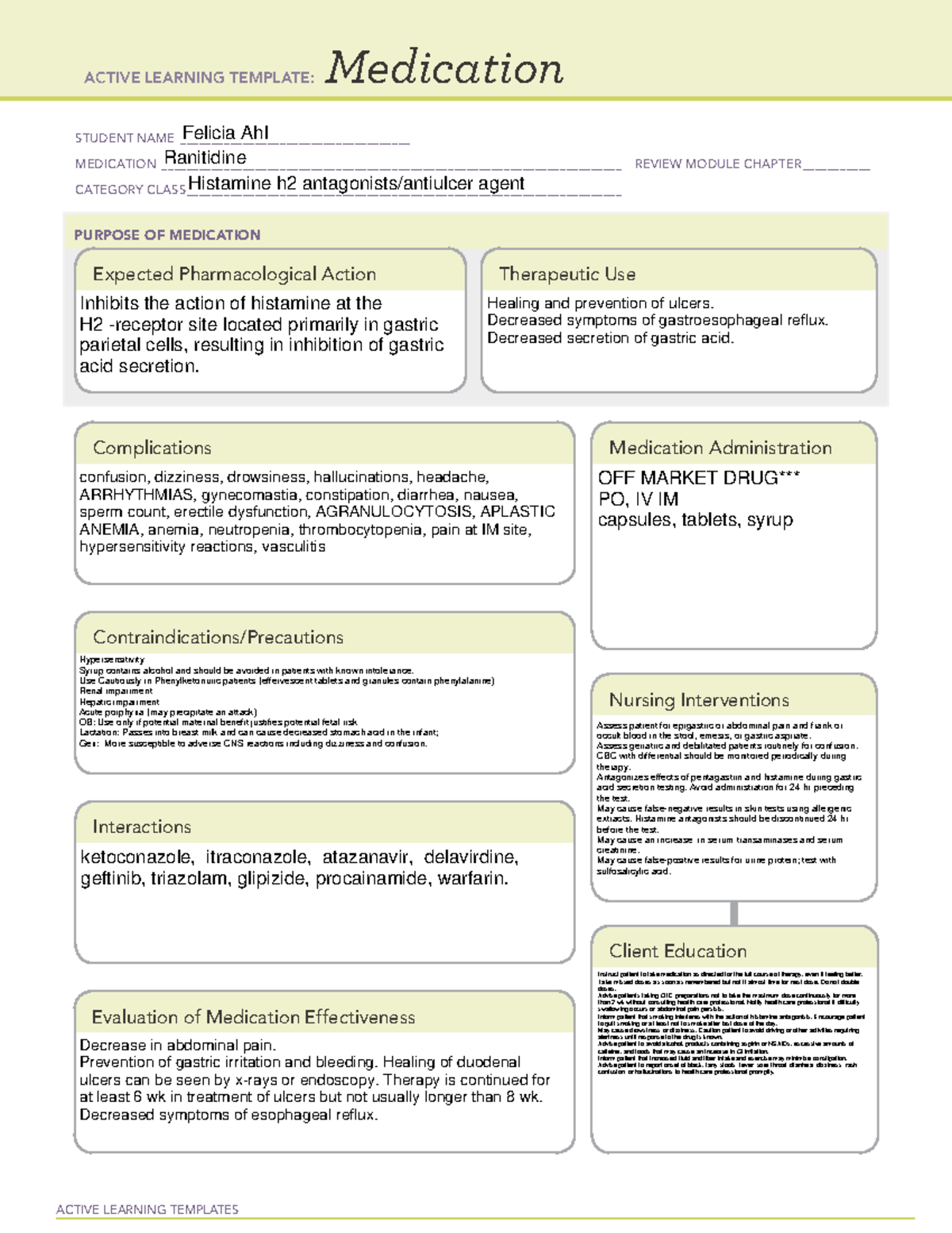 Ranitidine Drug Card - Active Learning Template Review for Nursing ...