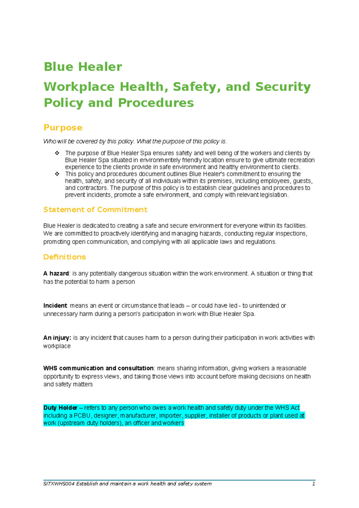 SITXWHS004 Health, Safety, and Security Policy Overview - Studocu