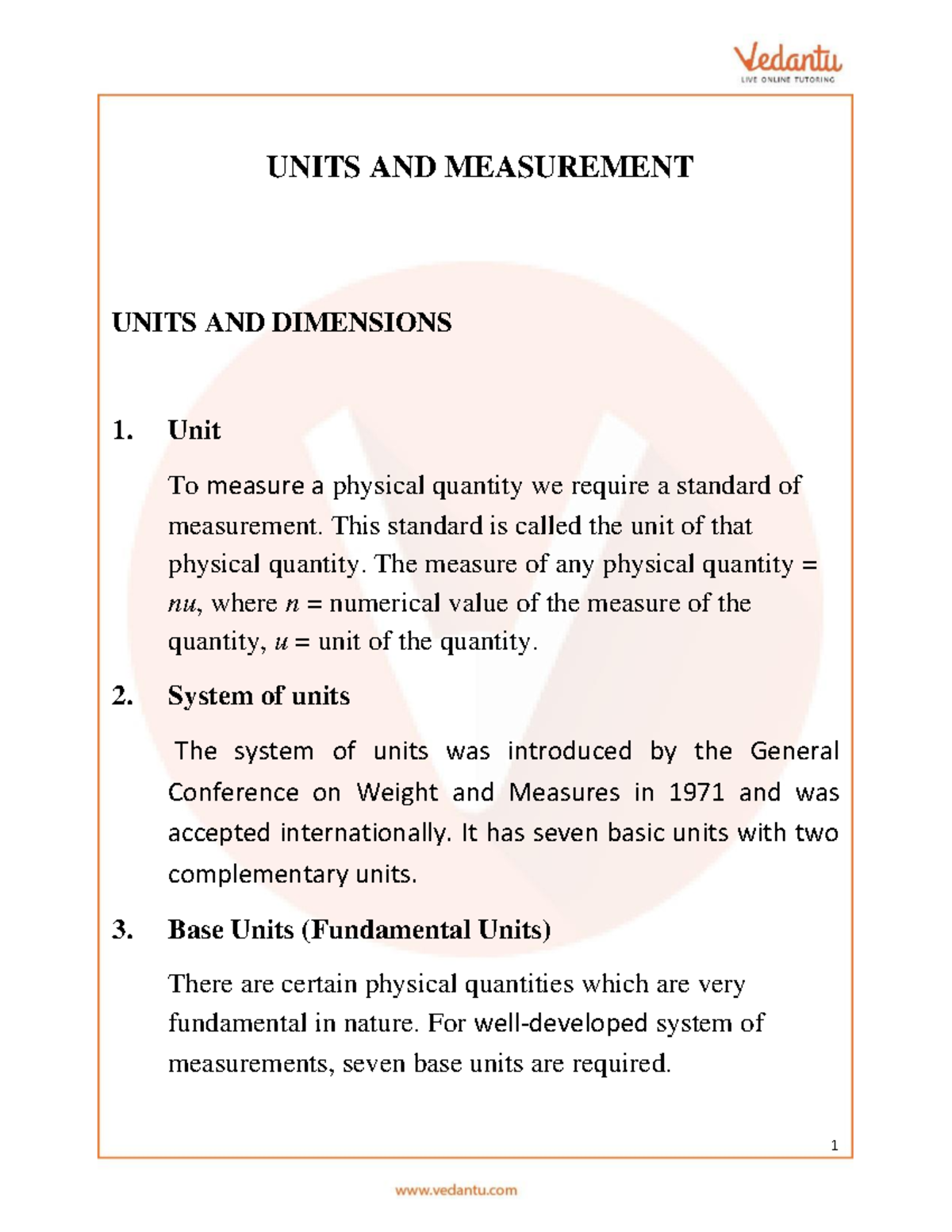 Physics and Measurement Revision Notes for JEE Main: Units & Dimensions ...