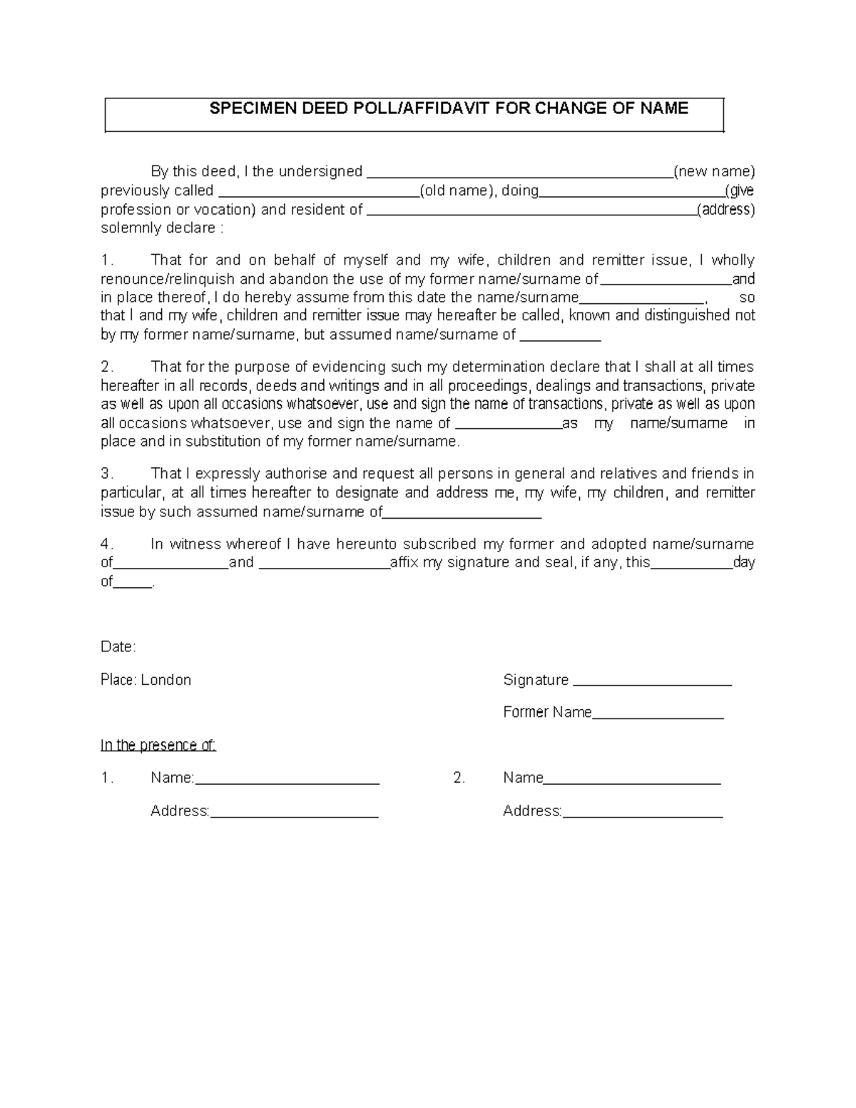 636442006 Specimen Deed Poll for Change of Name Affidavit - Studocu