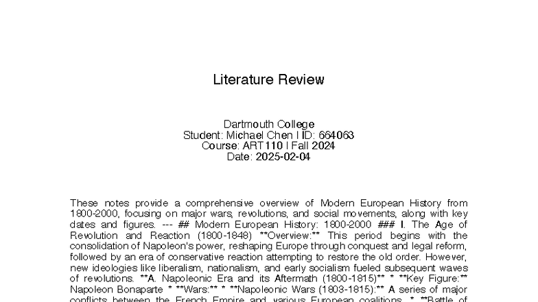 ART110 Fall 2024: Modern European History Literature Review - Studocu