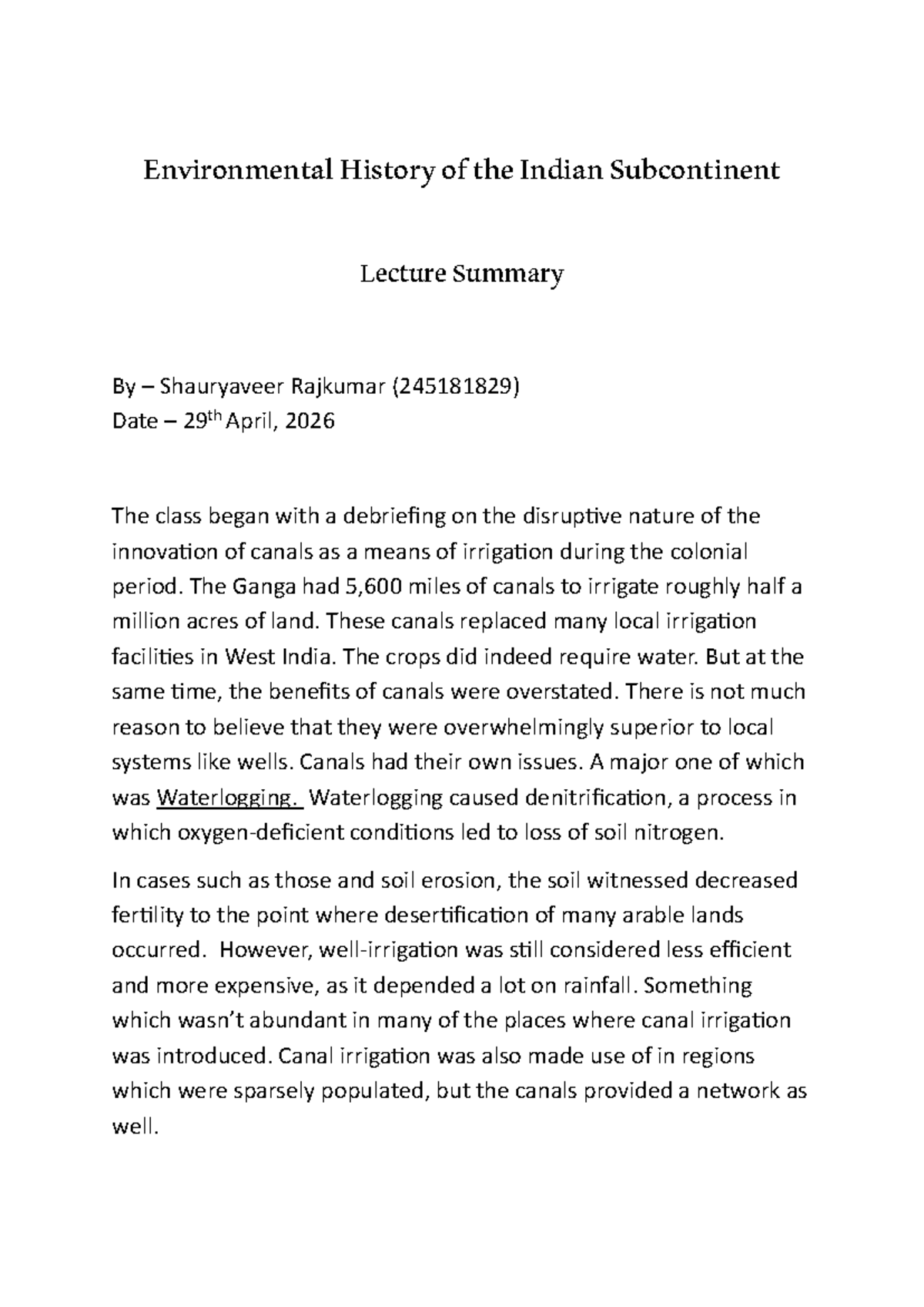 ENV 101: Environmental History of the Indian Subcontinent Lecture ...