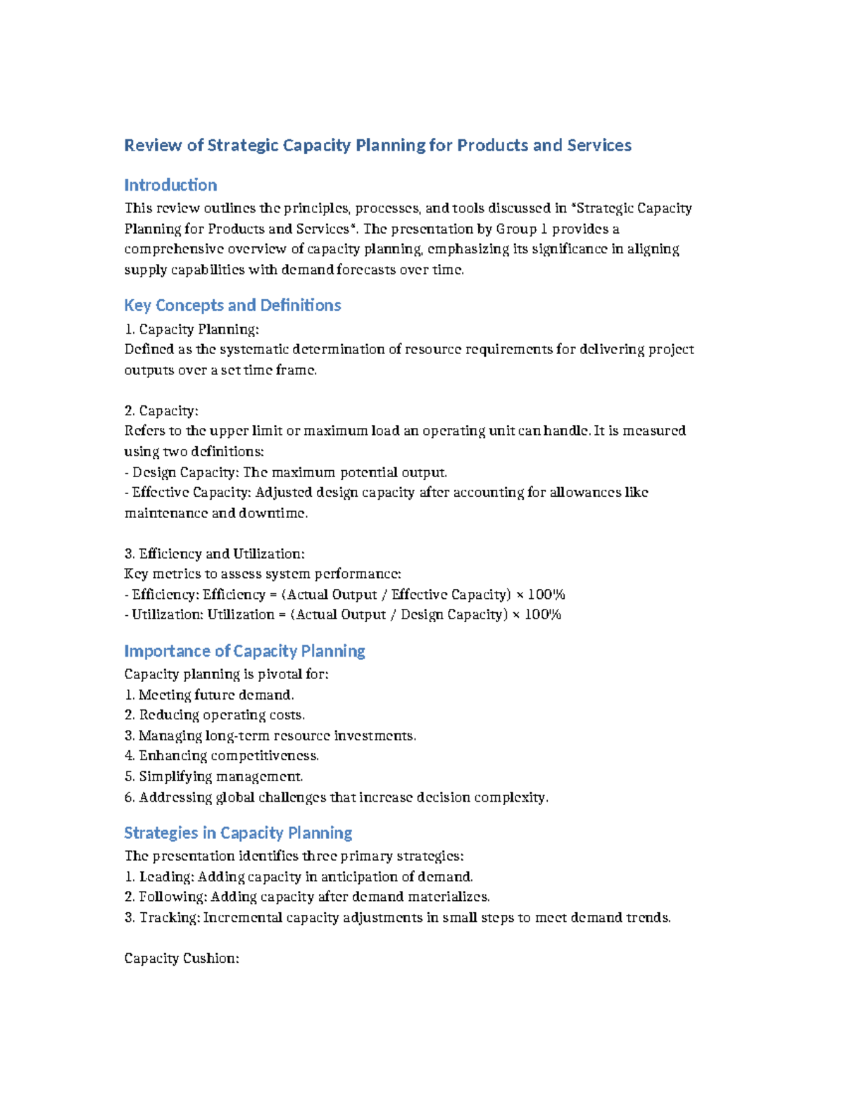 Strategic Capacity Planning Review - Review of Strategic Capacity ...