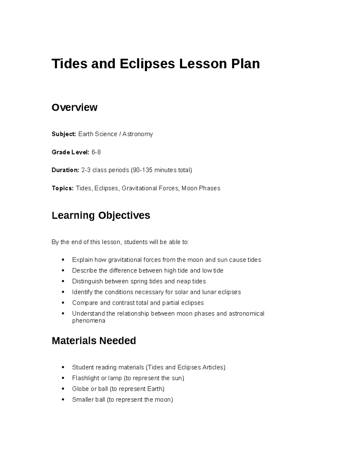 Tides and Eclipses Lesson Plan Overview for Earth Science - Studocu