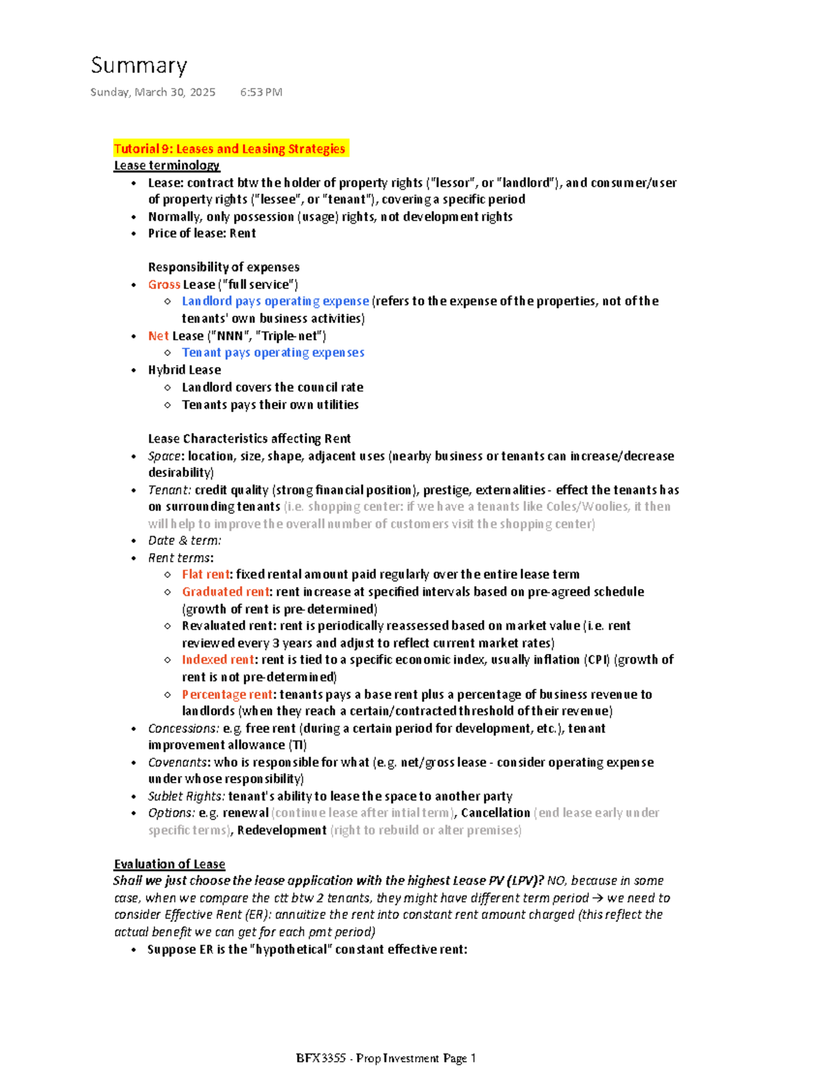 BFX3355 Tutorial Summary: Leases, Leasing Strategies & Residential ...