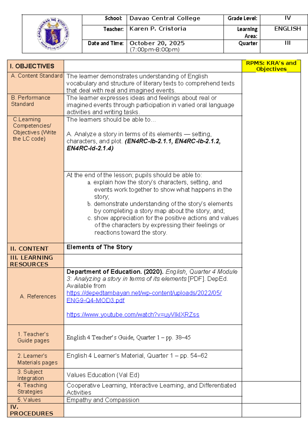 ENG5SH: Analyzing Story Elements - Lesson Plan and Activities - Studocu