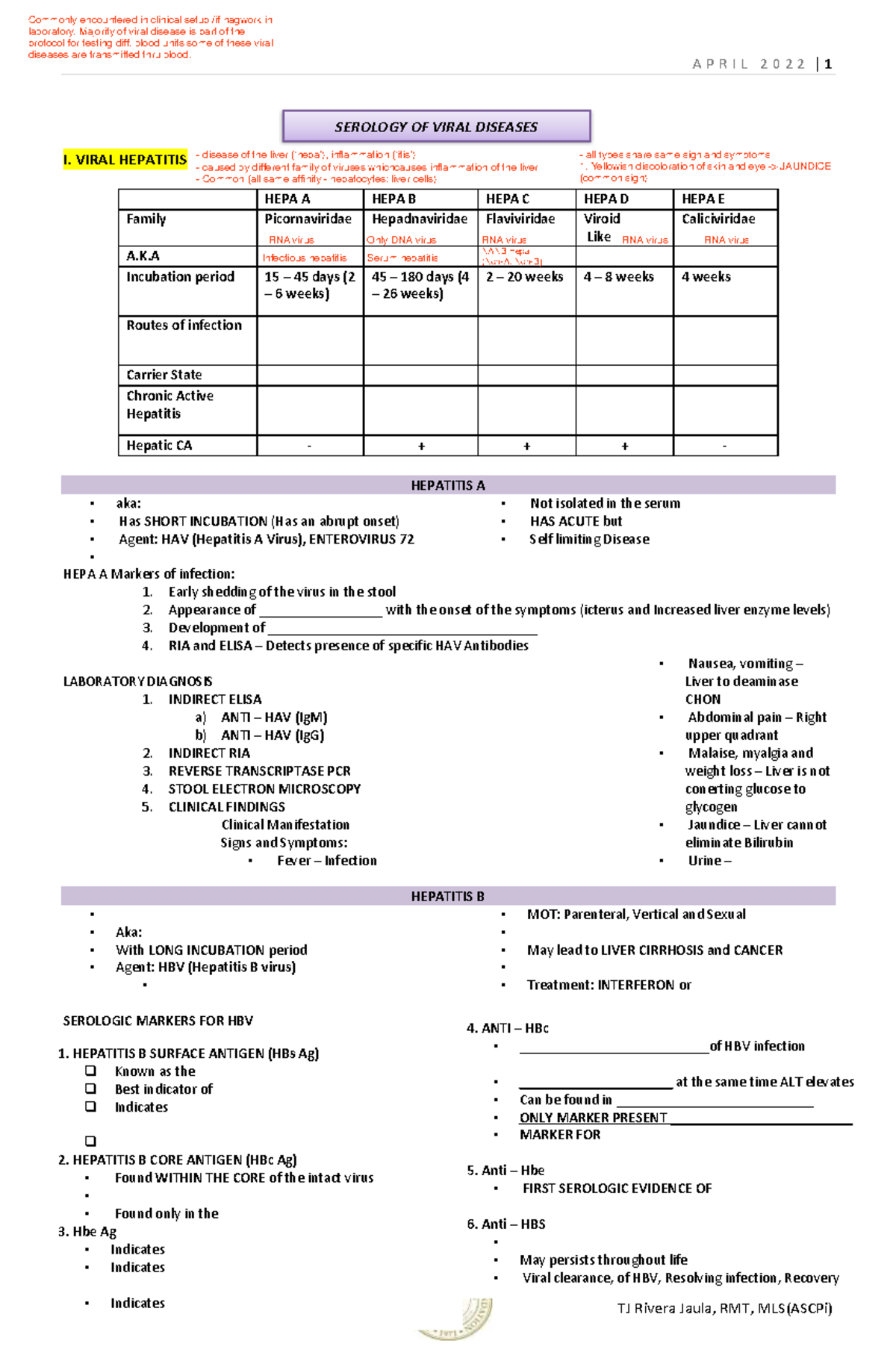 Viral Diseases Serology Lecture Notes (APRIL 2022) - Studocu