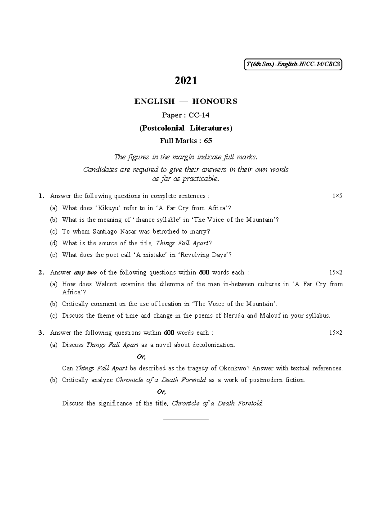 CU-2021 ENGLISH HONOURS Paper: Postcolonial Literatures Q&A Guide - Studocu