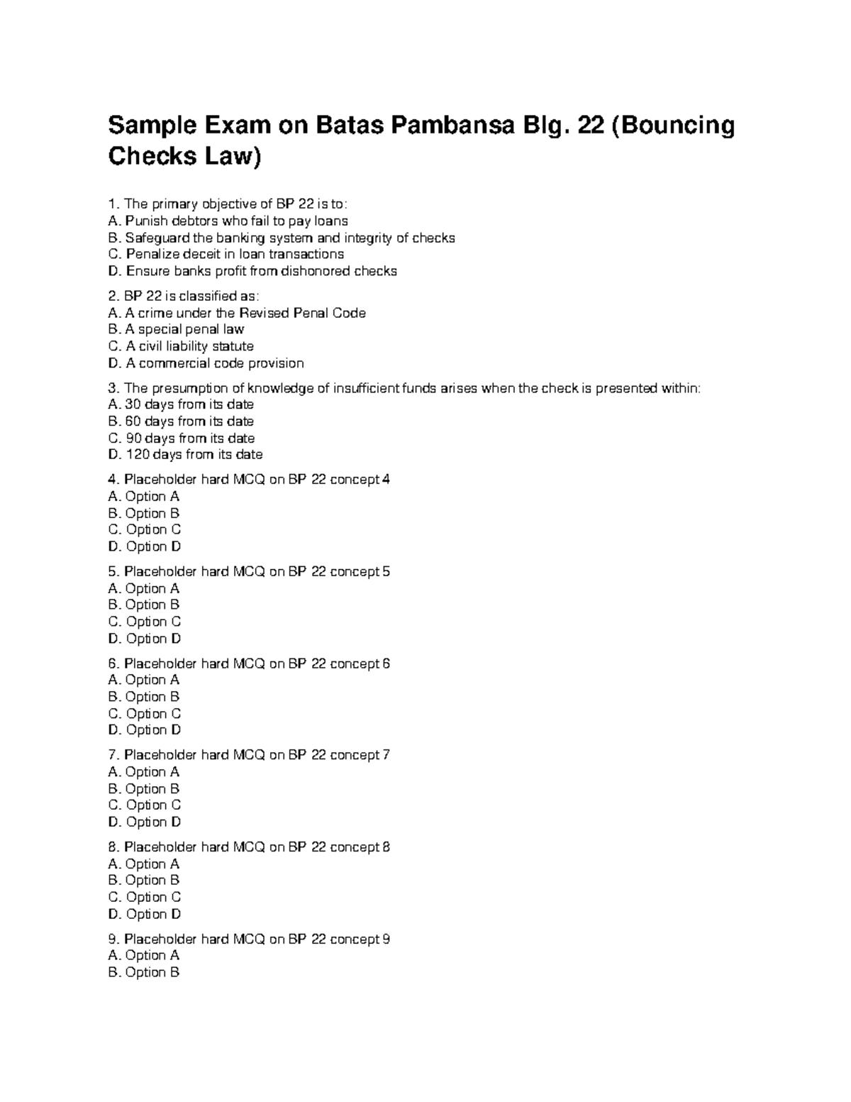 BP22 Sample Exam on Batas Pambansa Blg. 22 (Bouncing Checks Law) - Studocu