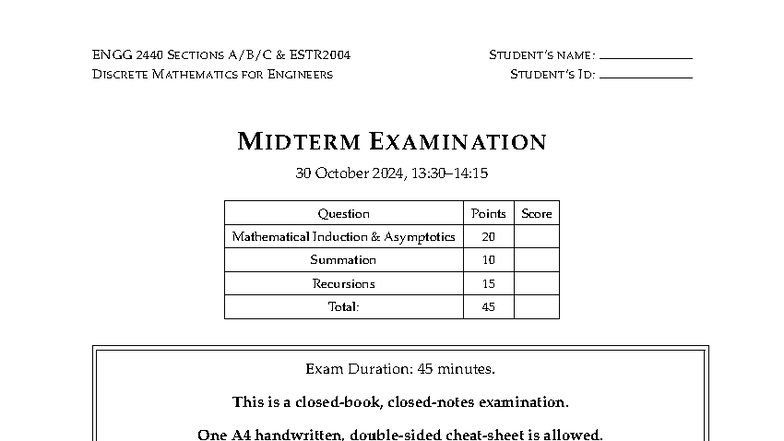 ENGG 2440 Fall 2024 Midterm Exam Solutions: Discrete Mathematics - Studocu