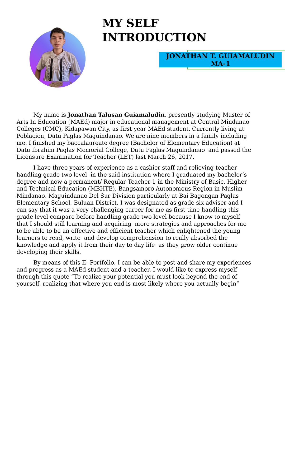 Self Introduction Sample For Students