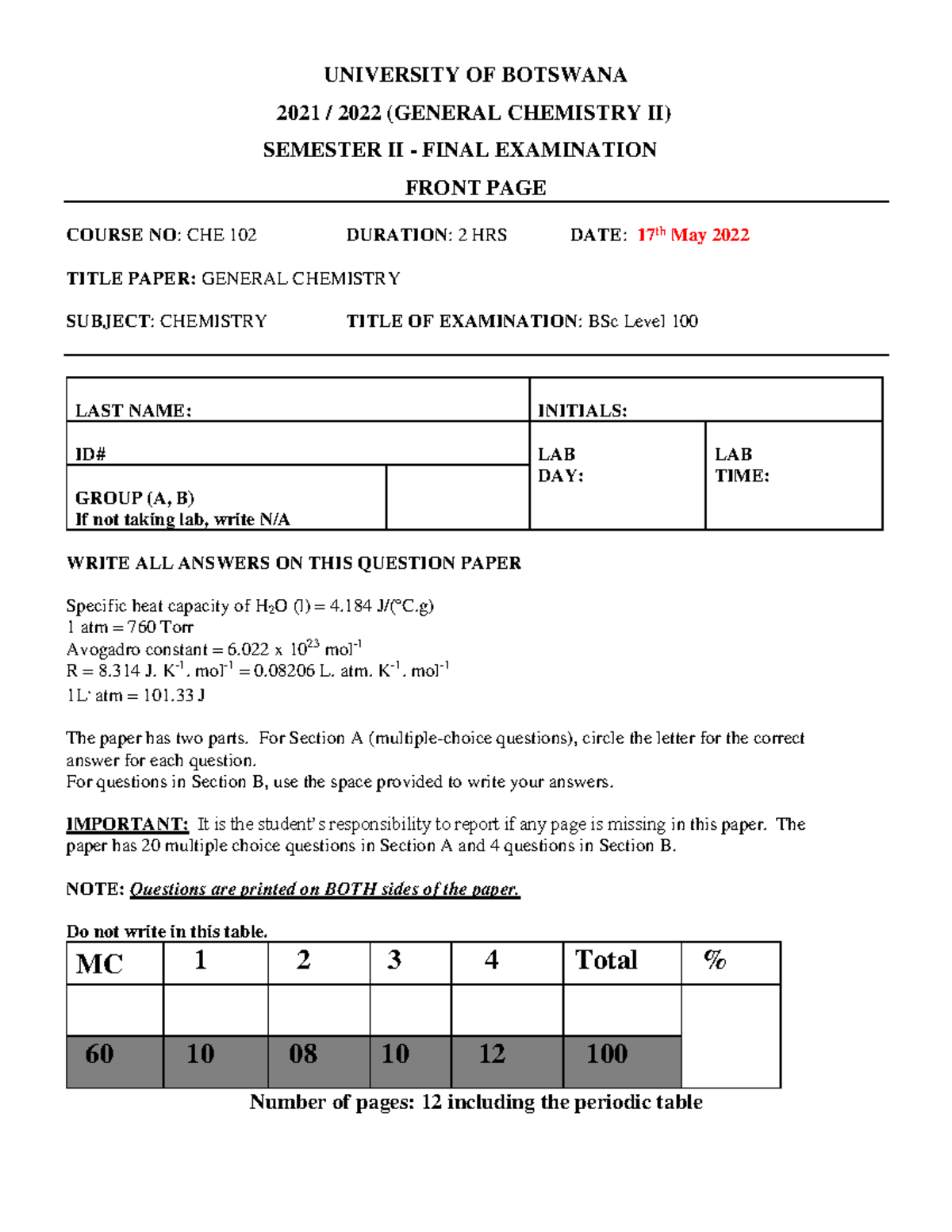 CHE 102 General Chemistry II Final Exam May 2022 - Studocu