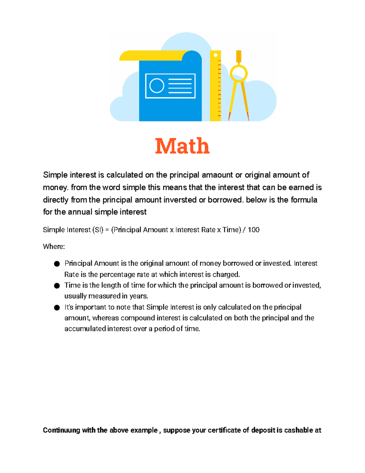 MATH Study Guide - Math Simple interest is calculated on the principal ...
