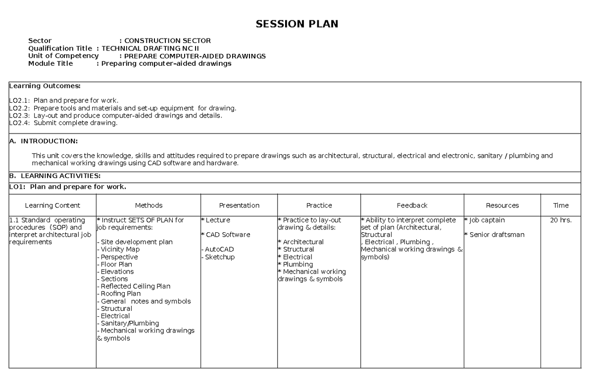 TECHNICAL DRAFTING NC II - Comprehensive Session Plan for CAD - Studocu