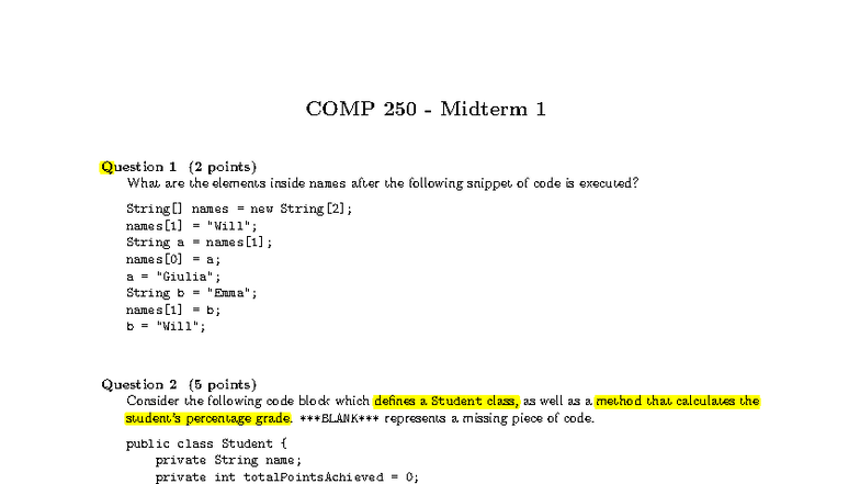 COMP 250 Midterm 1 Practice Questions and Code Analysis - Studocu