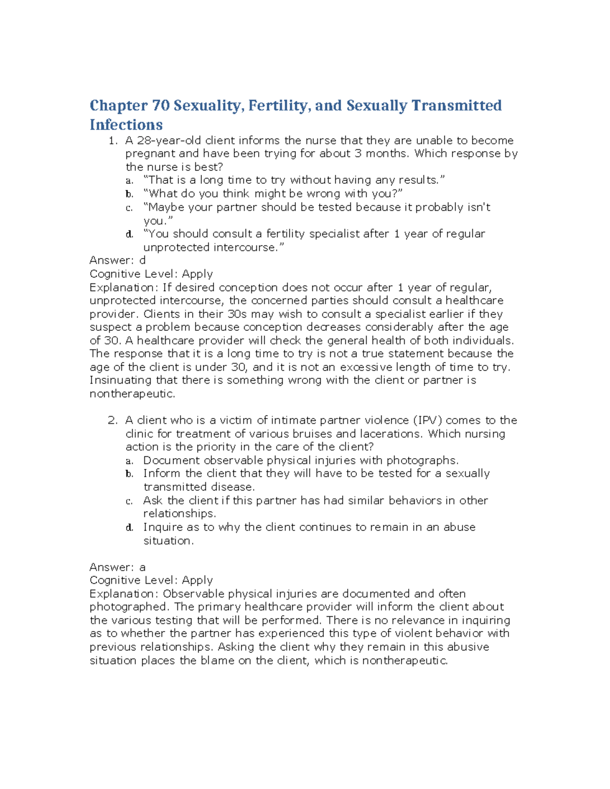 Ch 70 Sexuality & Fertility - Nursing Questions and Notes - Studocu
