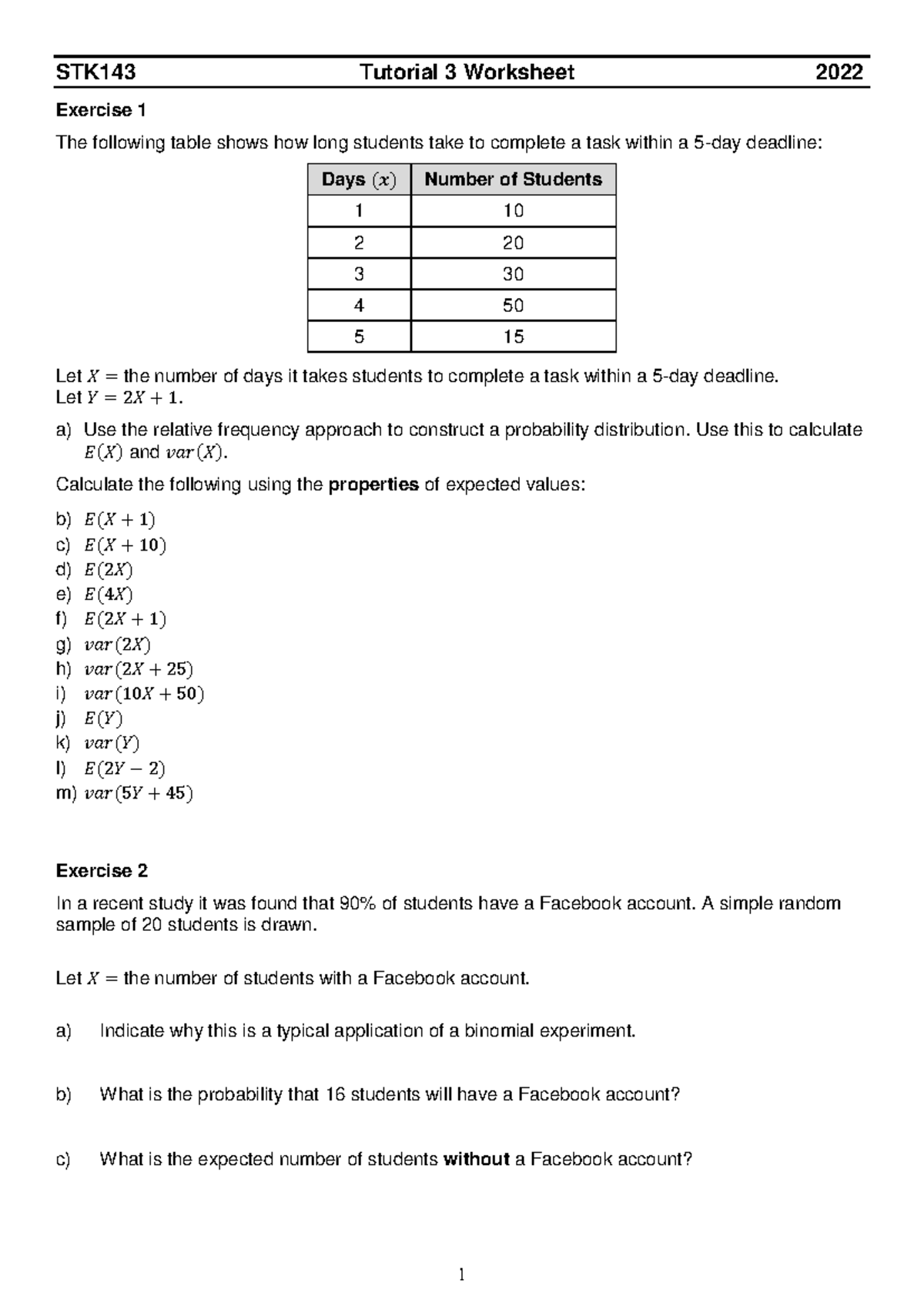 STK143 - Tutorial 3 Worksheet: Probability Distributions & Expectations ...