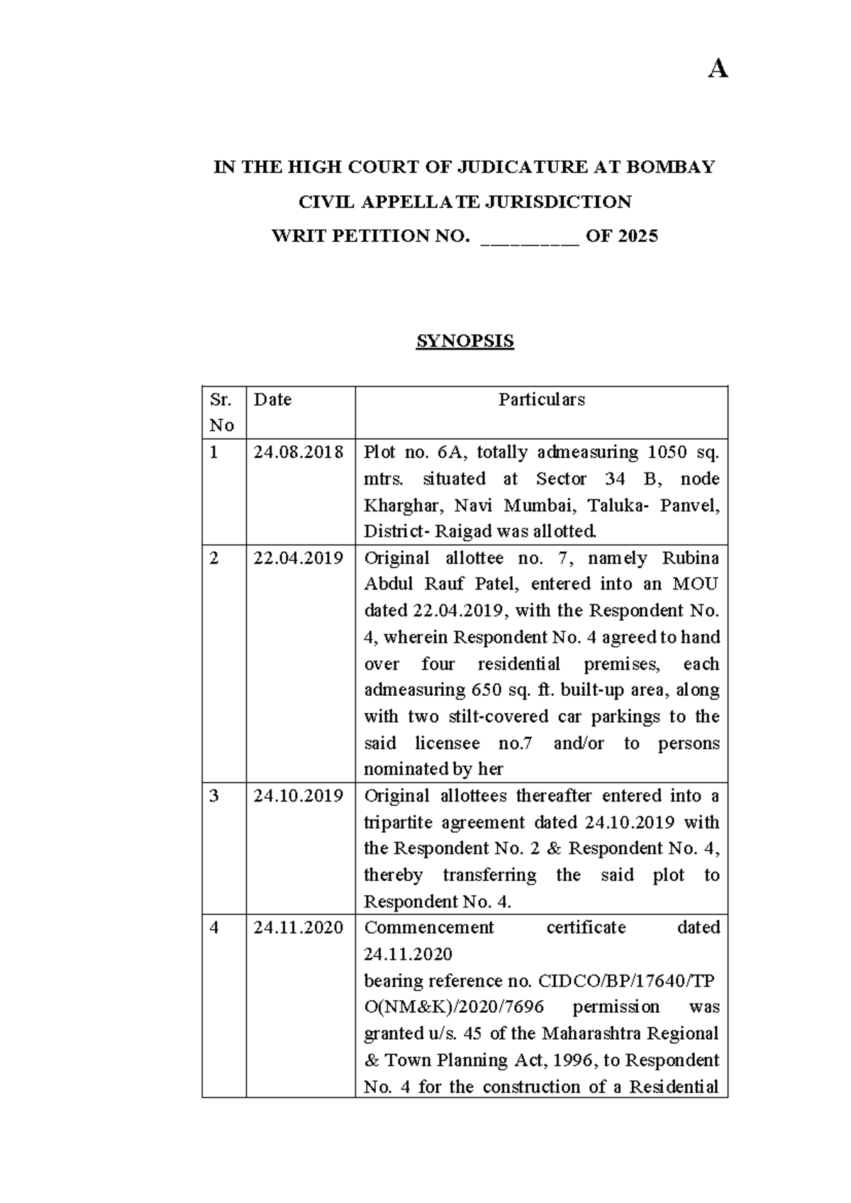 Writ Petition No. 2025: Synopsis of High Court Case on Occupancy ...