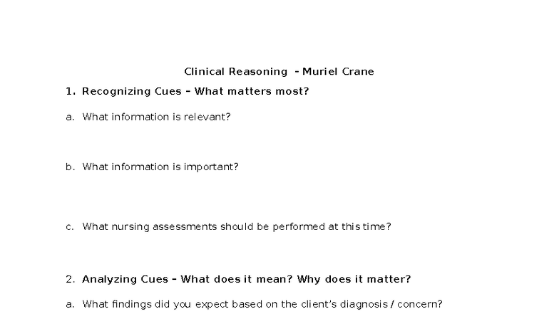 Clinical Reasoning - CRW Template for Nursing Assessments - Studocu