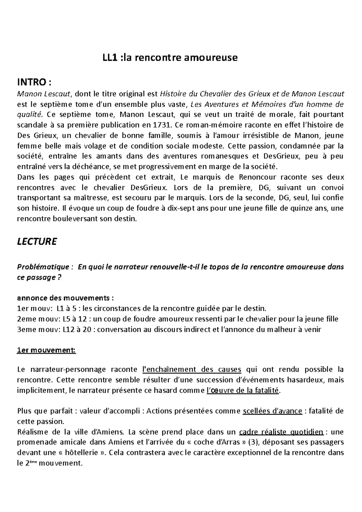 Fiche lecture linéaire, scène de la rencontre ONBPAA - LL1 :la ...