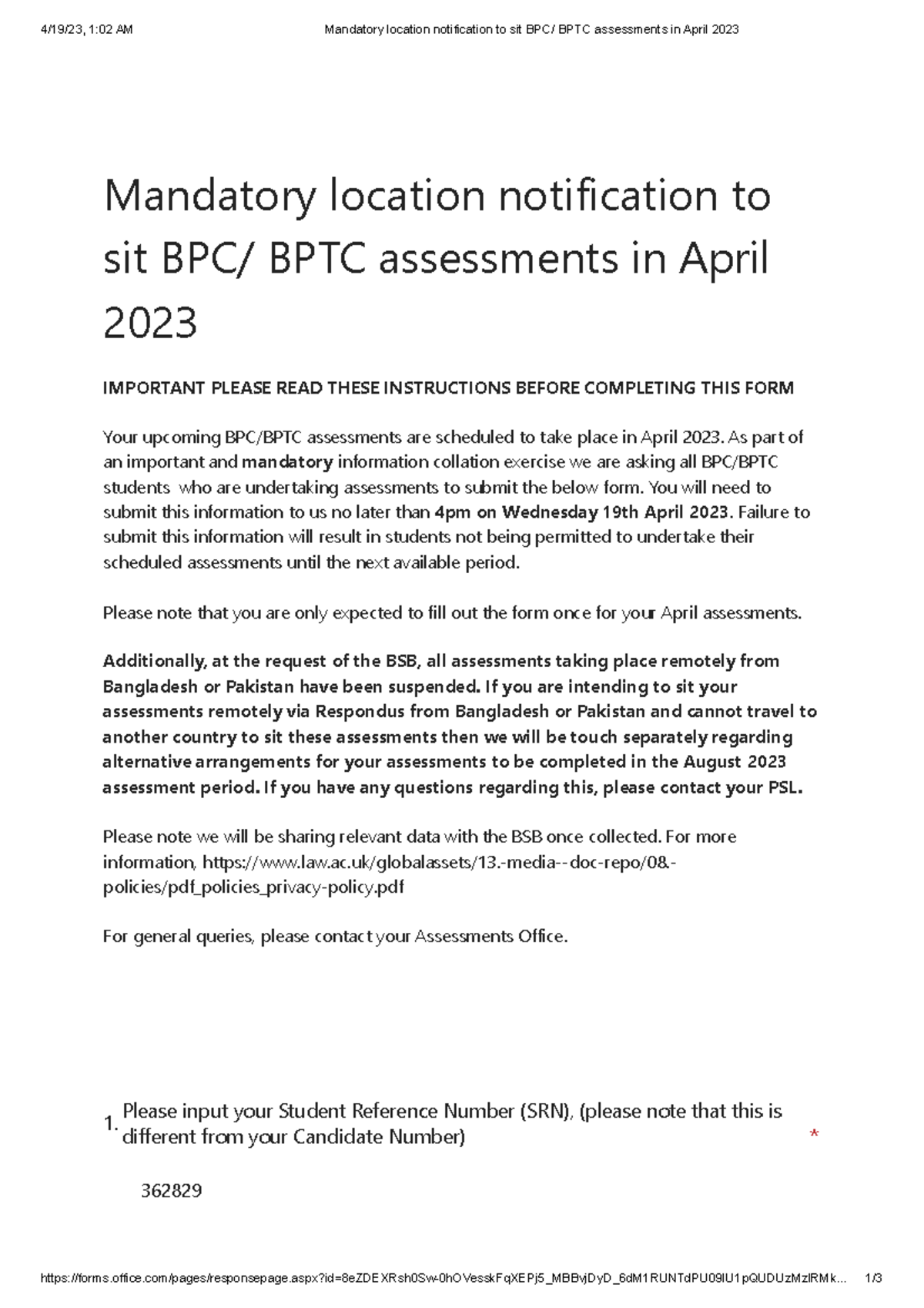 Mandatory Location Requirements for BPC/BPTC Assessments - April 2023 ...